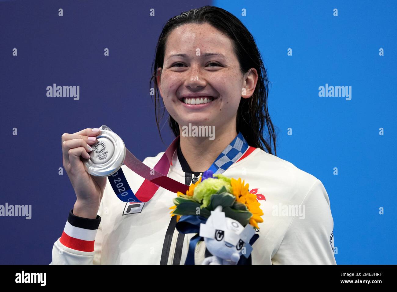Siobhan Bernadette Haughey of Hong Kong holds up her silver medal fro ...