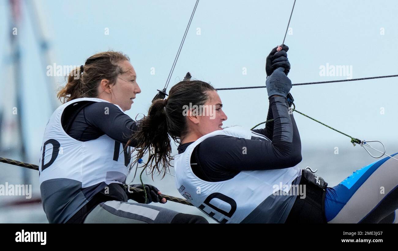 Annemiek Bekkering and Annette Duetz compete during the 49erfx women ...