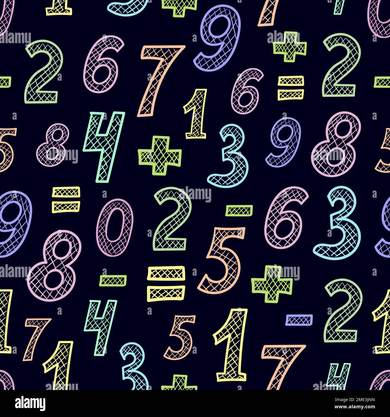 Seamless pattern with colorful doodle numbers on dark. Hand drawn ... Seamless pattern with colorful doodle numbers on dark. Hand drawn ...