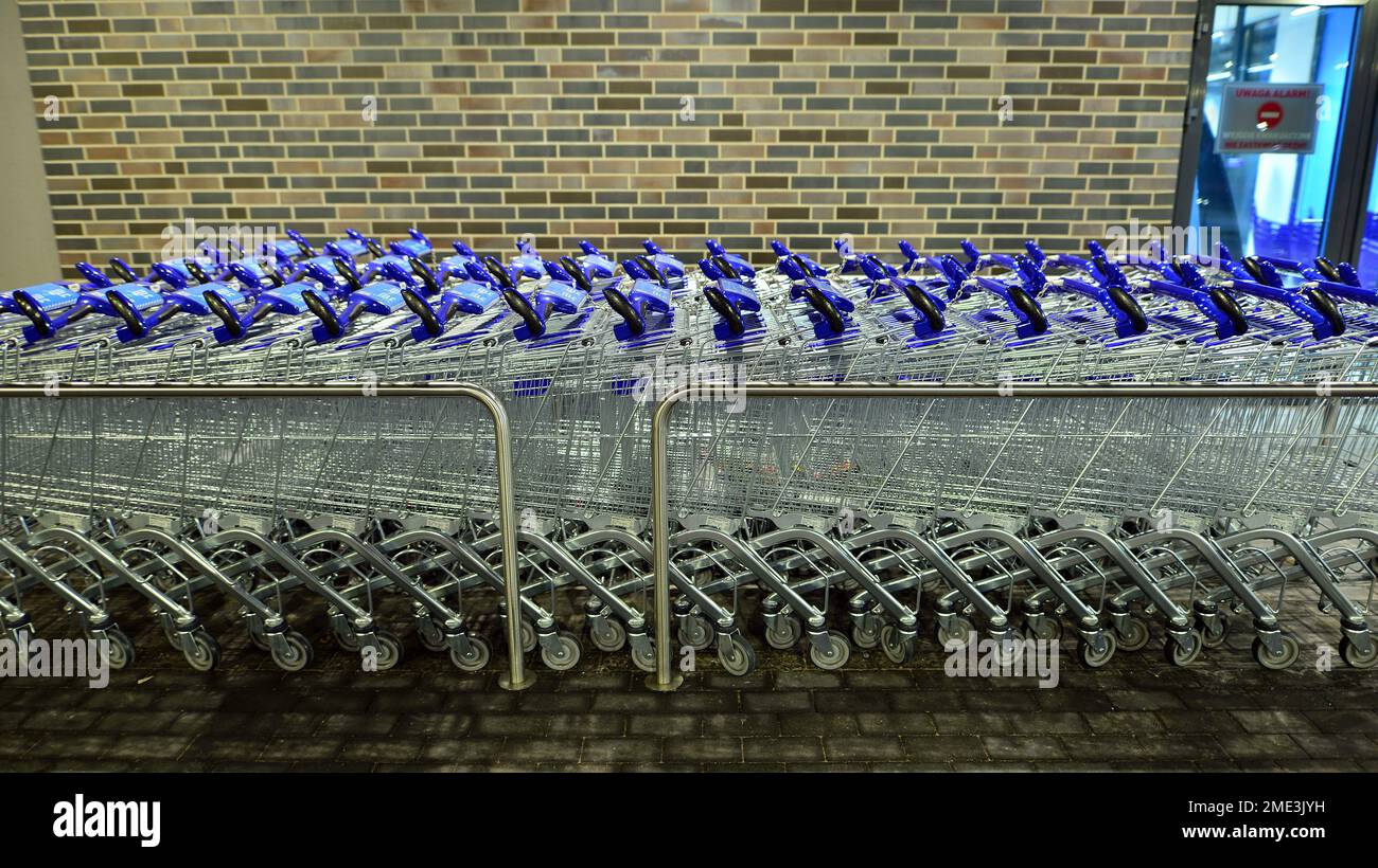 Warsaw, Poland. 29 November 2022. Row of shopping carts outside Aldi ...