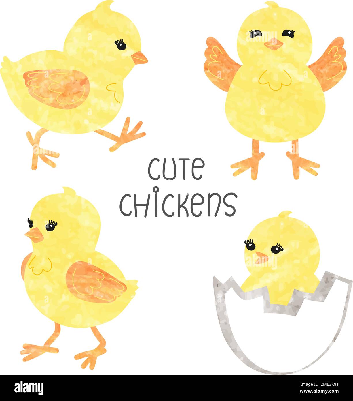 Set of cute little chickens in different poses. Funny yellow chicks ...