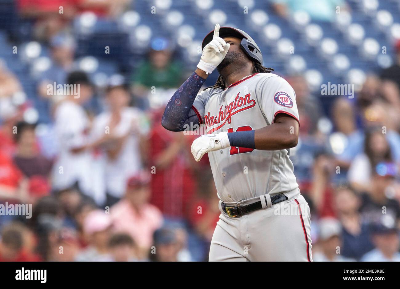 Washington Nationals' Josh Bell gestures after hitting a three-run home ...