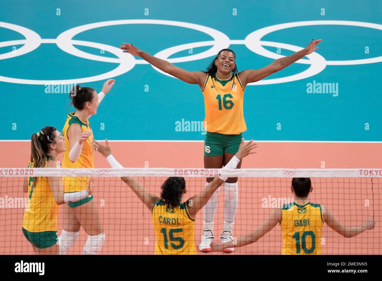 Brazil's Fernanda Garay Rodrigues celebrates a point during a women's ...
