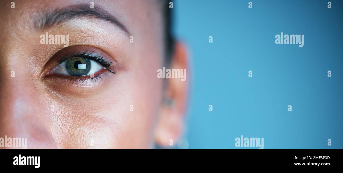 Eye, face and mockup with woman in portrait, vision and eye care with ...