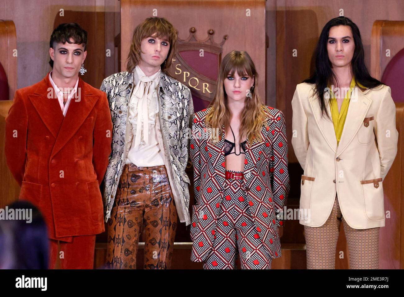 embers of the Maneskin band, from left, Damiano David, Thomas Raggi ...