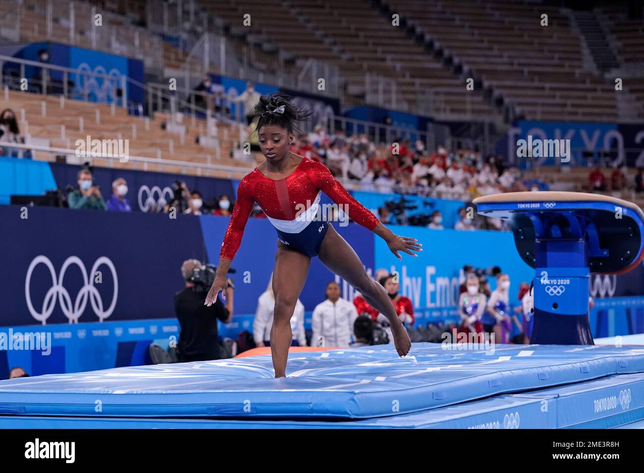 Simone Biles, of the United States, dismounts from the vault during the ...