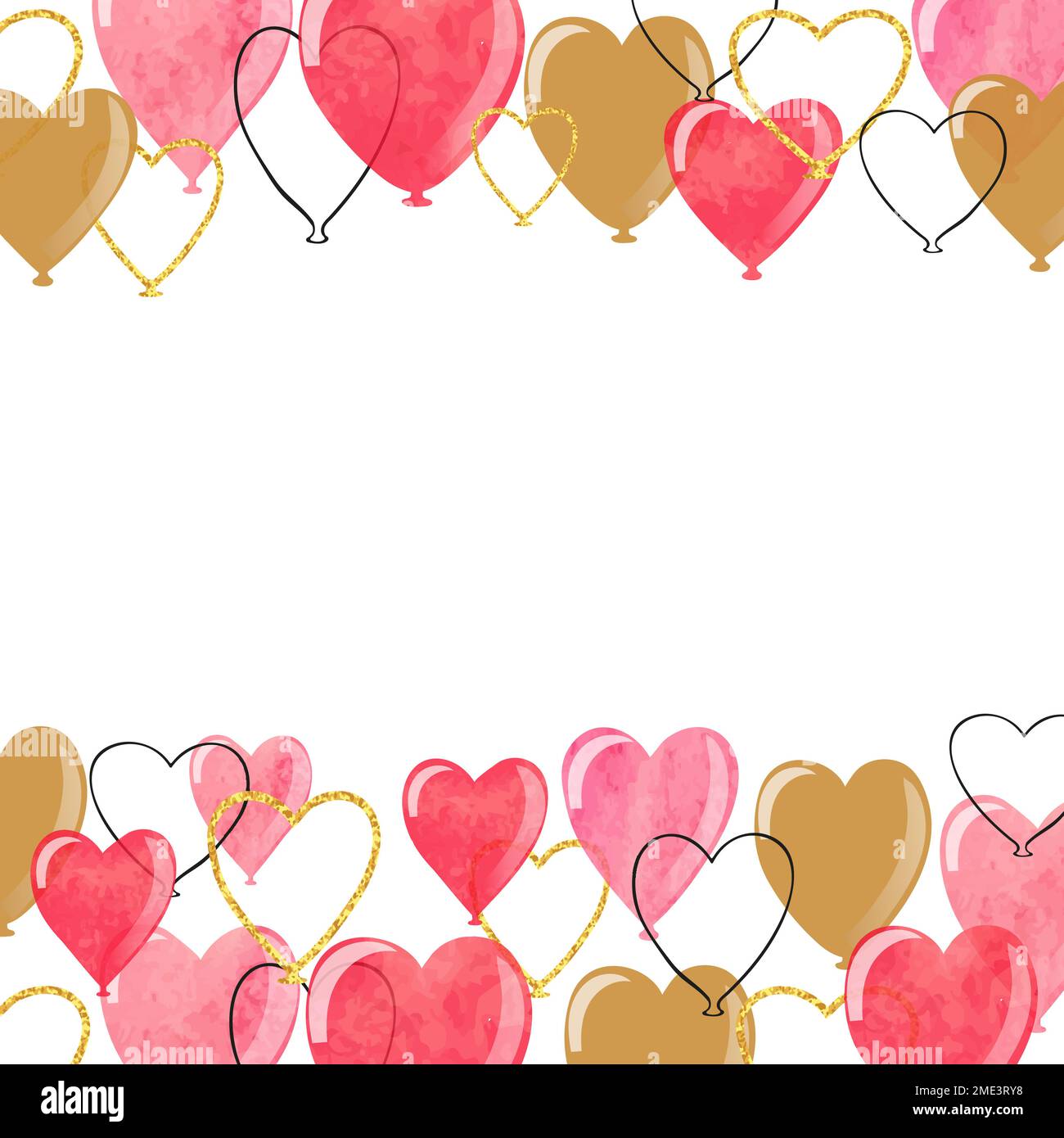 Valentines watercolor hearts balloons borders. Vector illustration ...