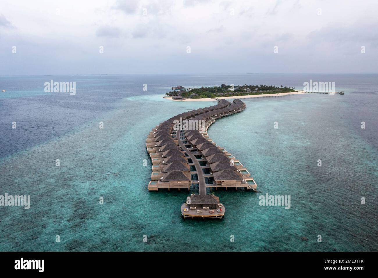 Aerial view of sea with water bungalows, Maldives Stock Photo - Alamy