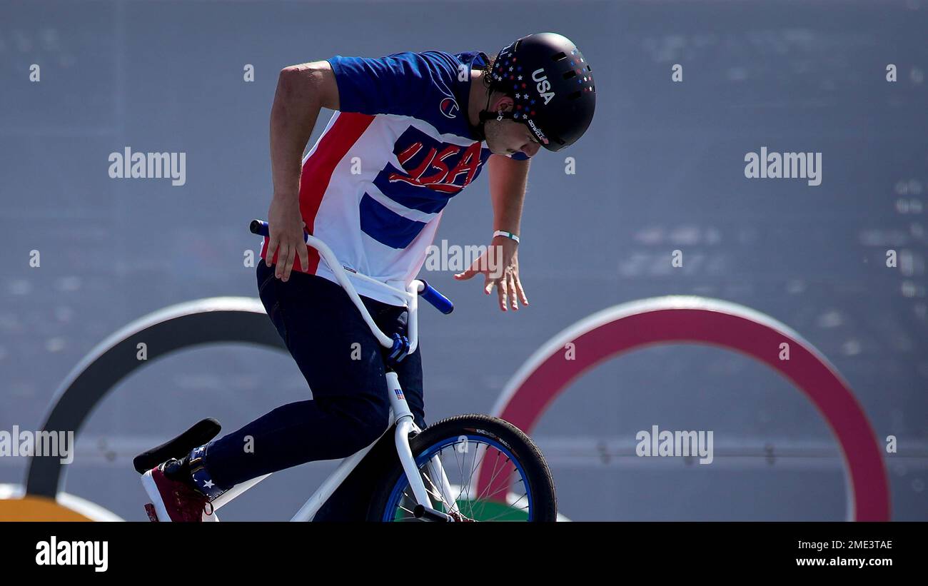 Justin Dowell of the United States makes a jump during a BMX Freestyle ...