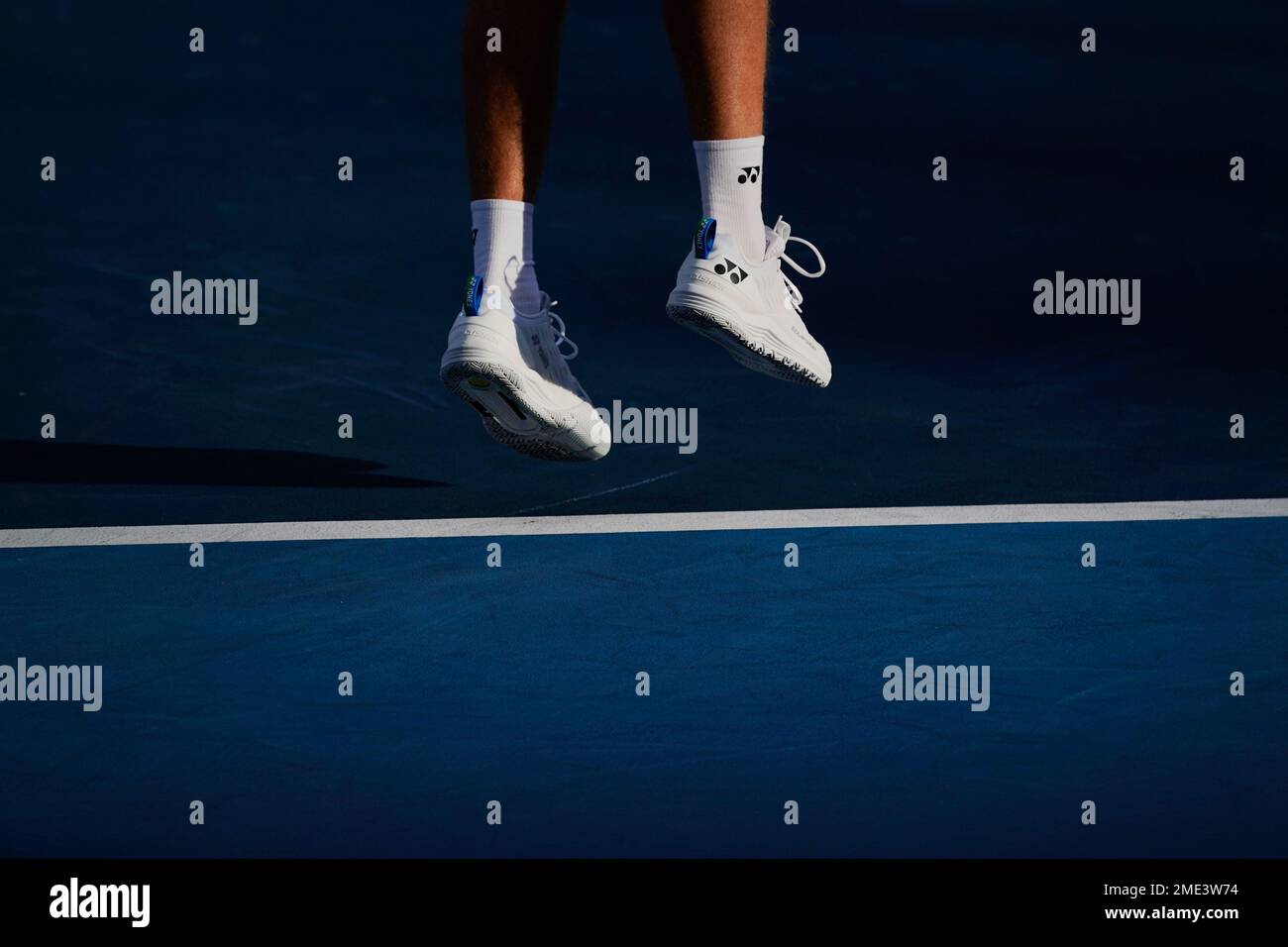 Hubert Hurkacz, of Poland, leaps as he serves to Liam Broady, of ...