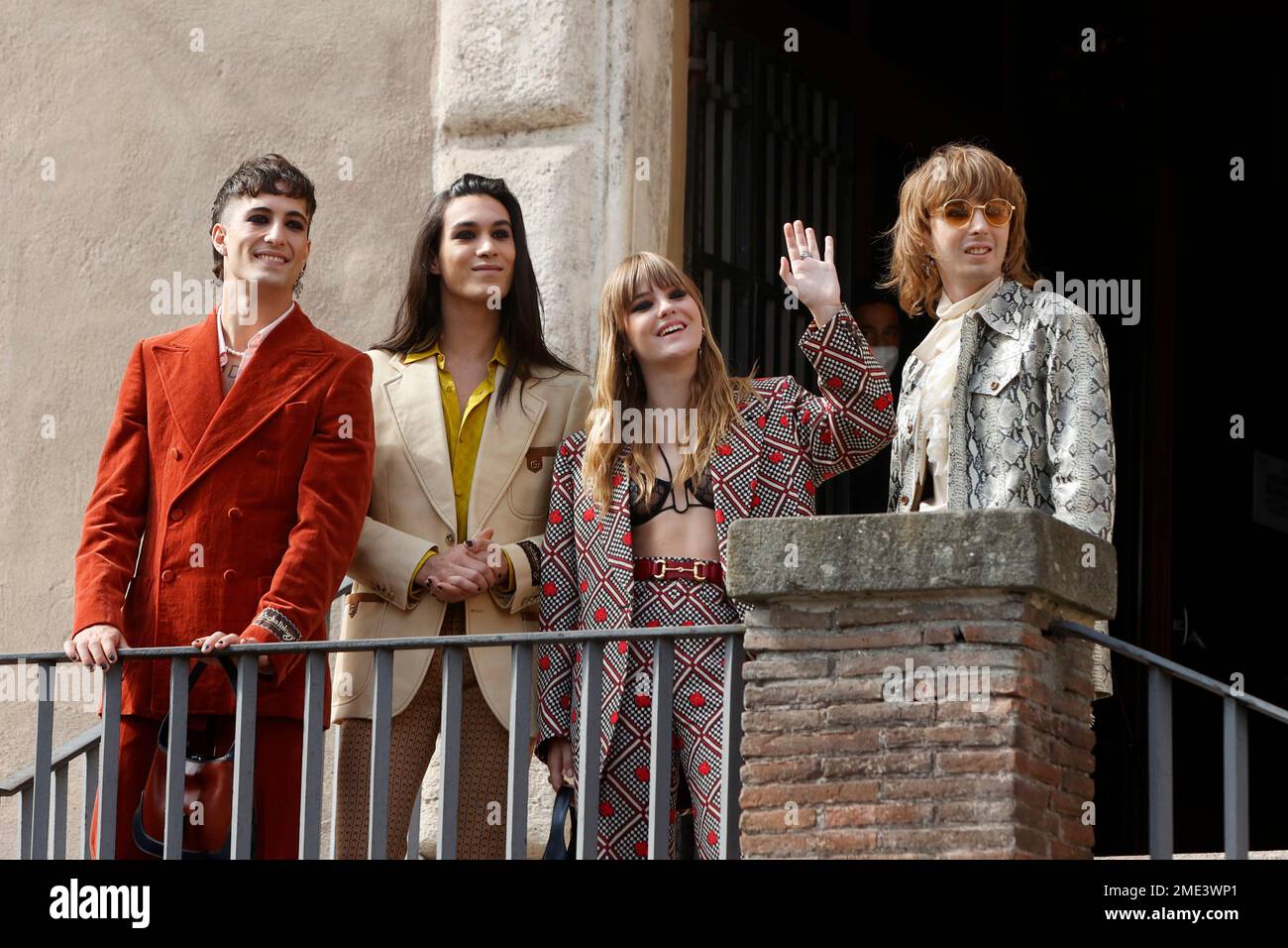 Members of the Maneskin band, from left, Damiano David, Ethan Torchio ...
