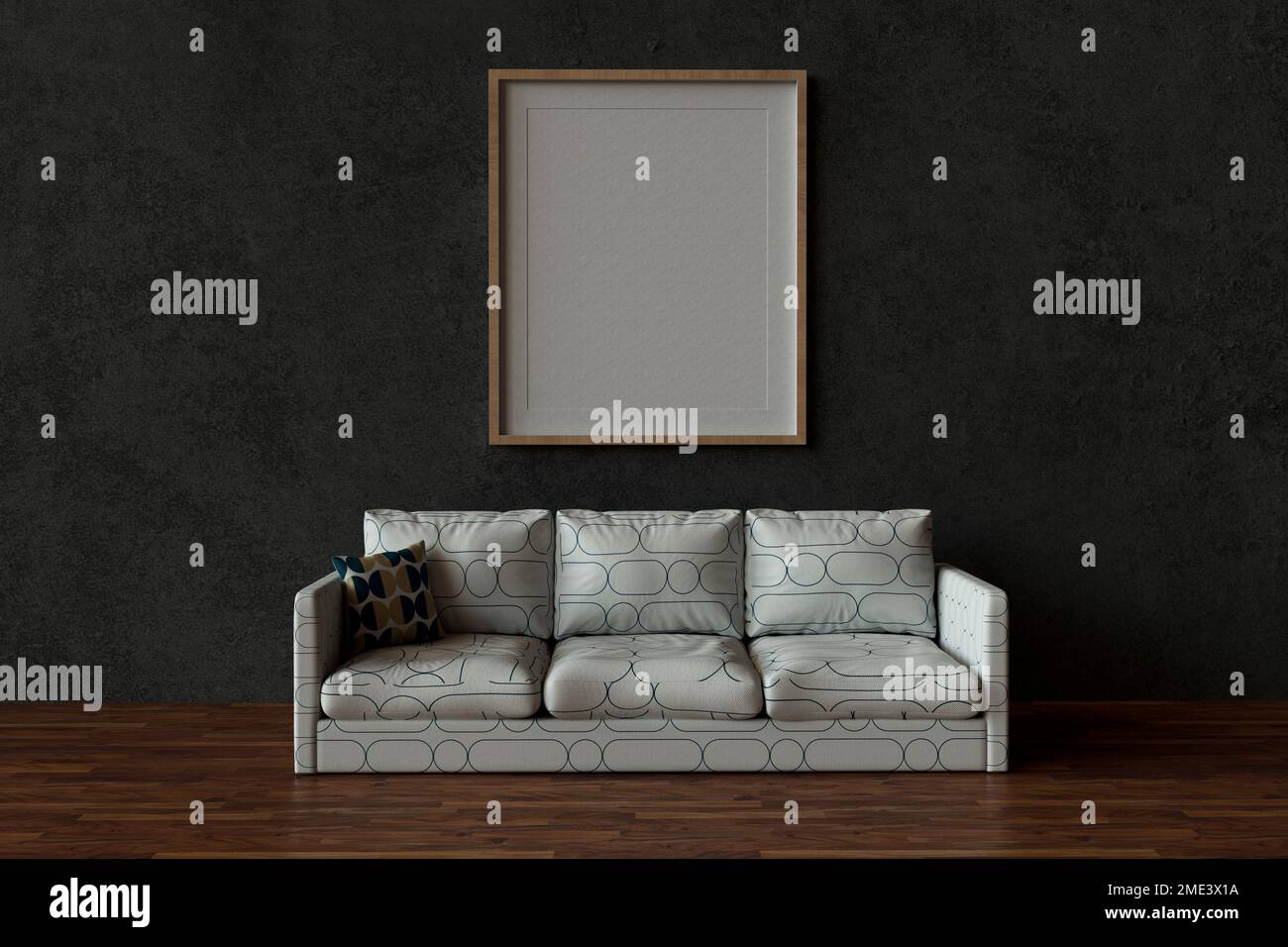 Three dimensional render of white sofa with empty picture frame hanging ...