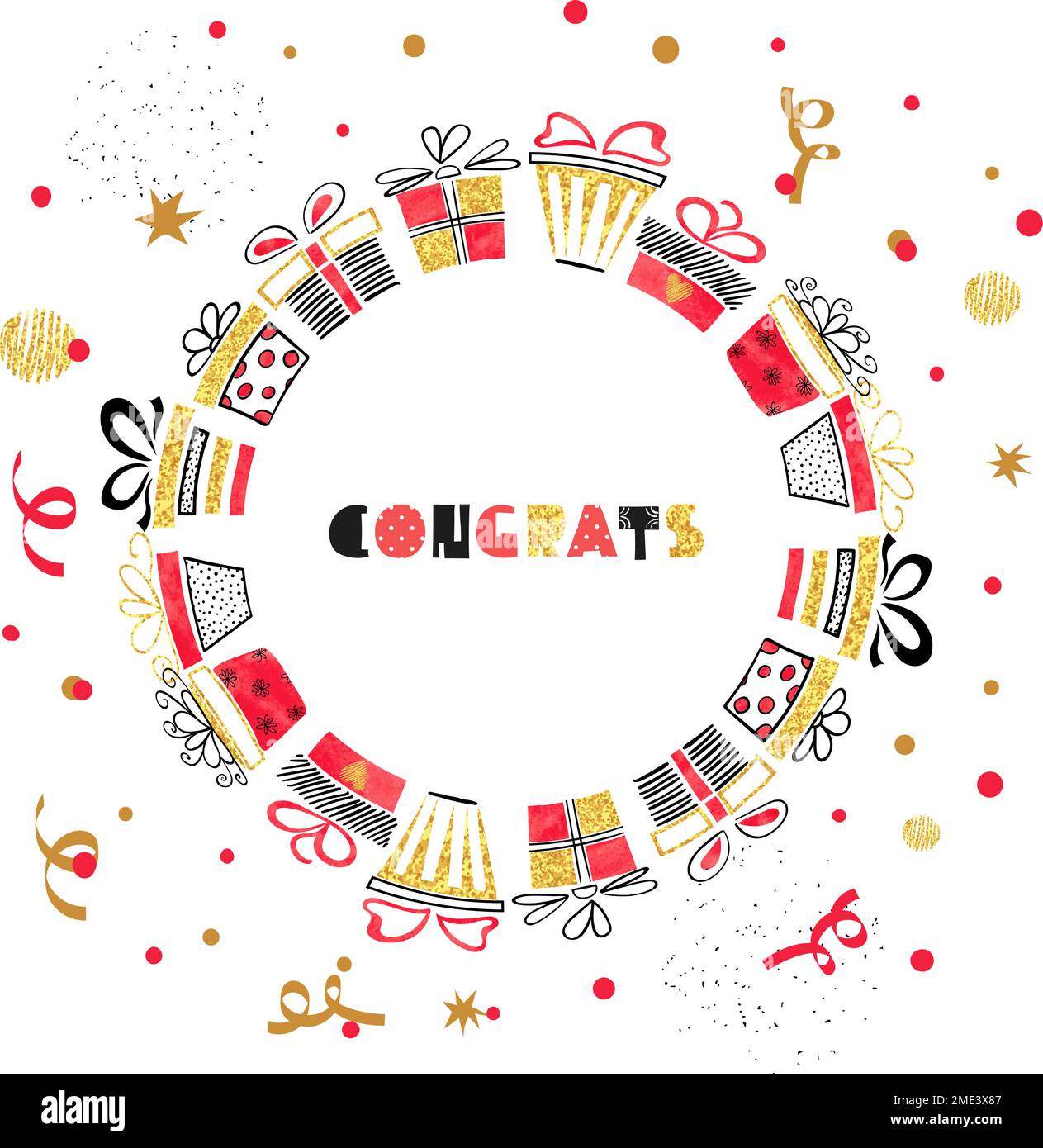 Birthday round card design with red and golden gift boxes. Vector ...