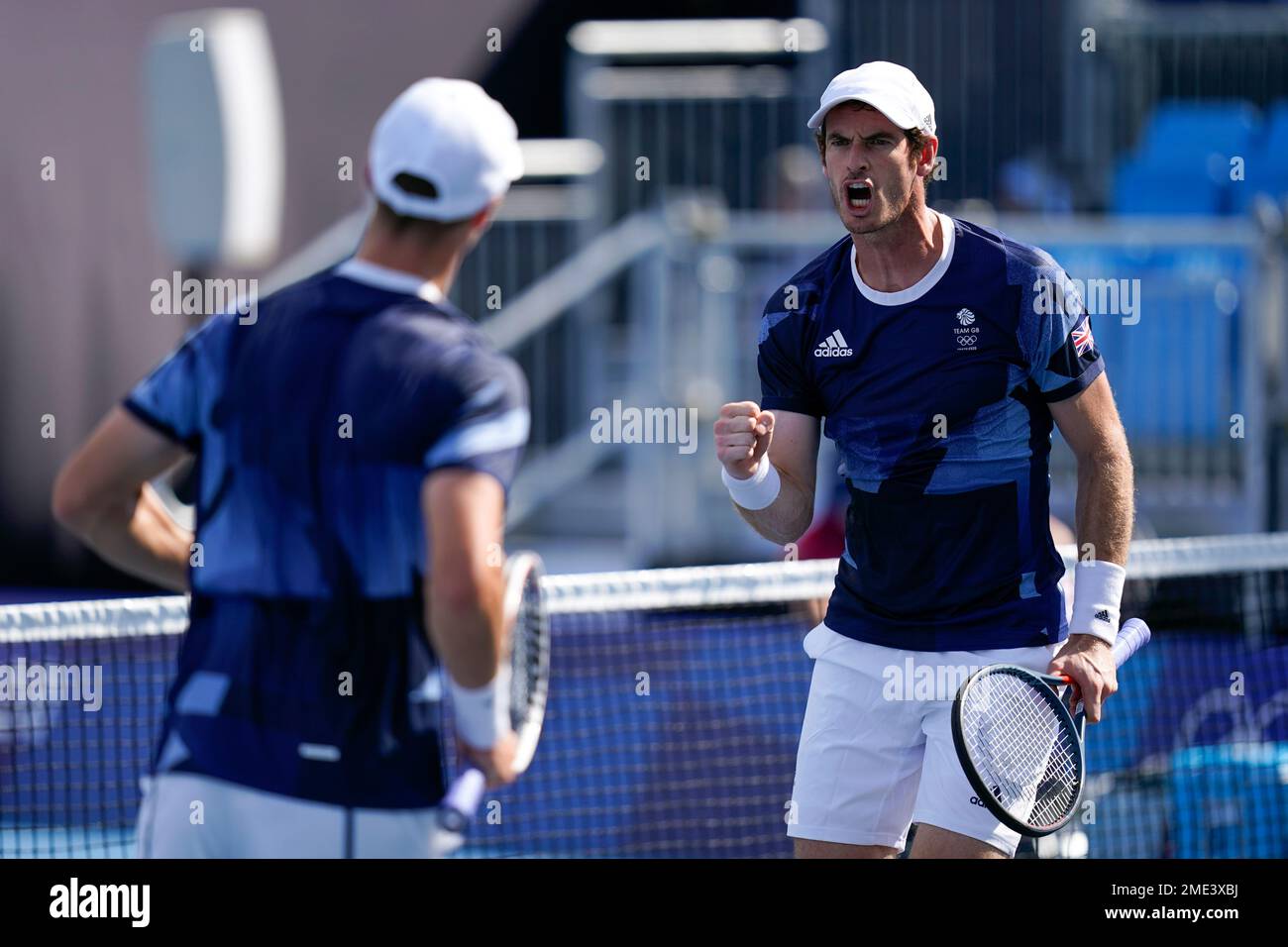 Andy Murray, of Britain, reacts with teammate Joe Salisbury during a ...