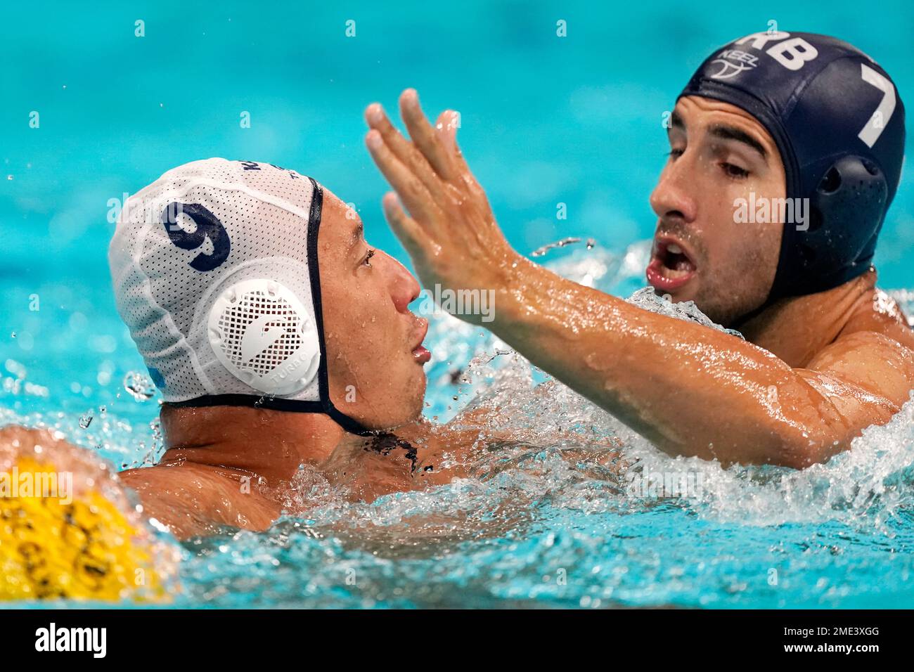 Kazakhstan's Rustam Ukumanov (9) is defended by Serbia's Strahinja ...