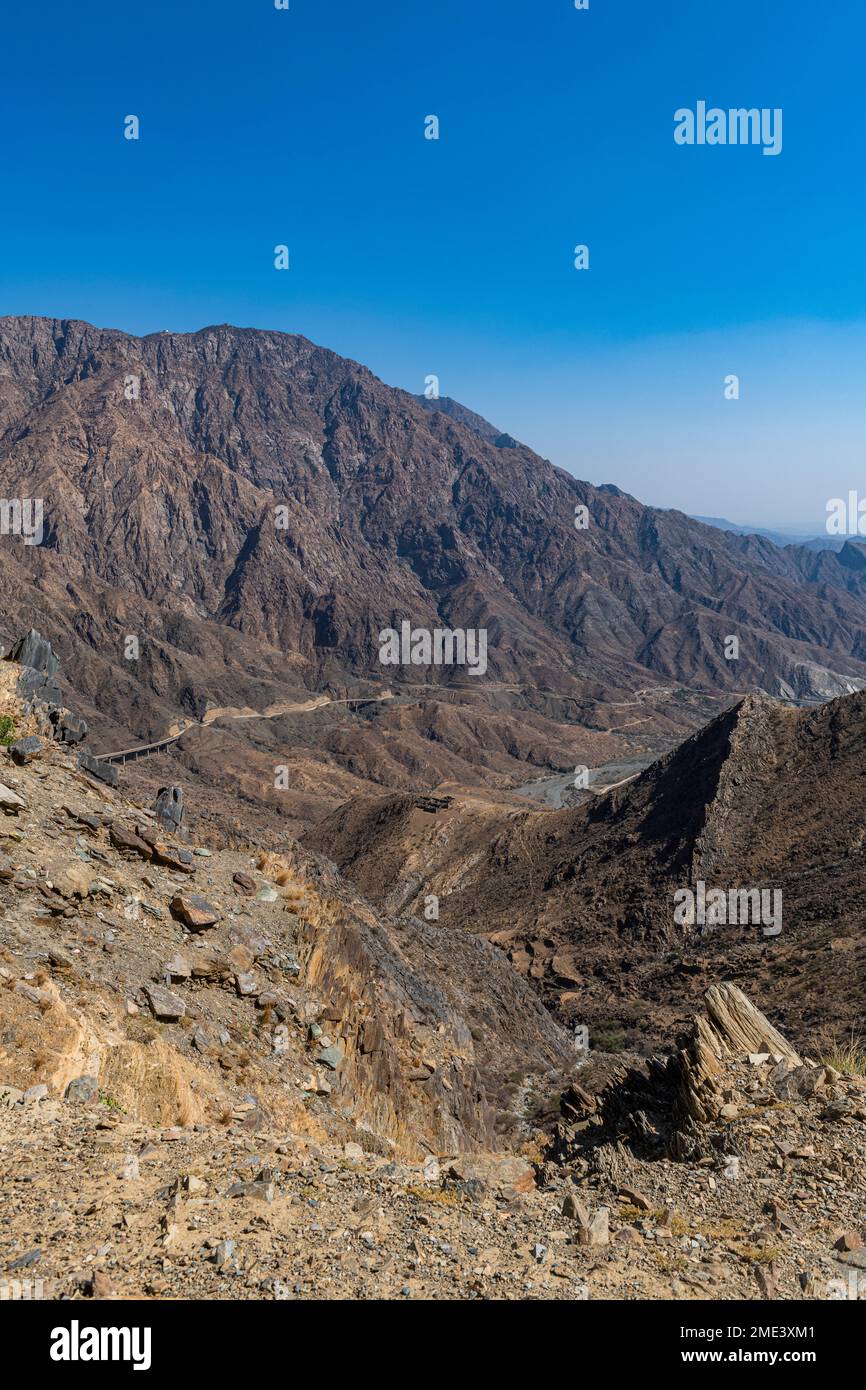Saudi Arabia, Al Baha road winding through rocky mountains Stock Photo ...