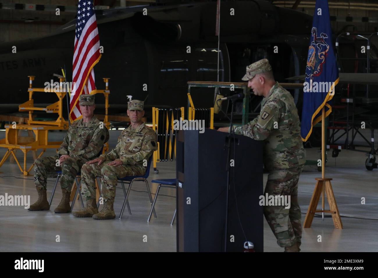 U.S. Army Command Sgt. Maj. Sean Livolsi shares remarks during a change of responsibility ...