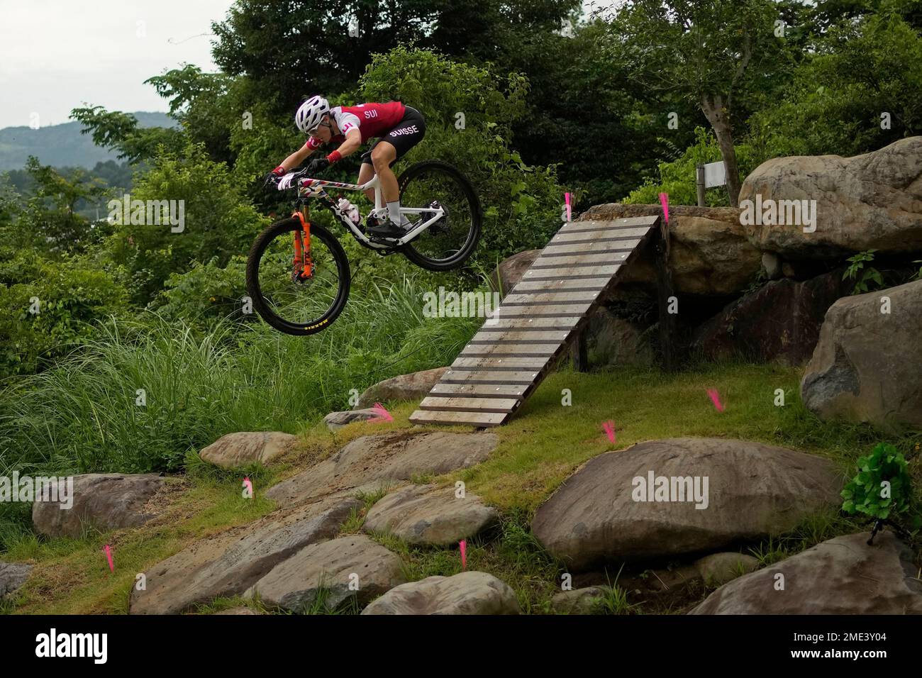 Linda Indergand of Switzerland launches in the air as she races downhill during the women's ...