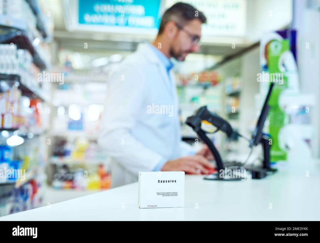 Recommended by pharmacists. a medicine package on the pharmacy counter ...