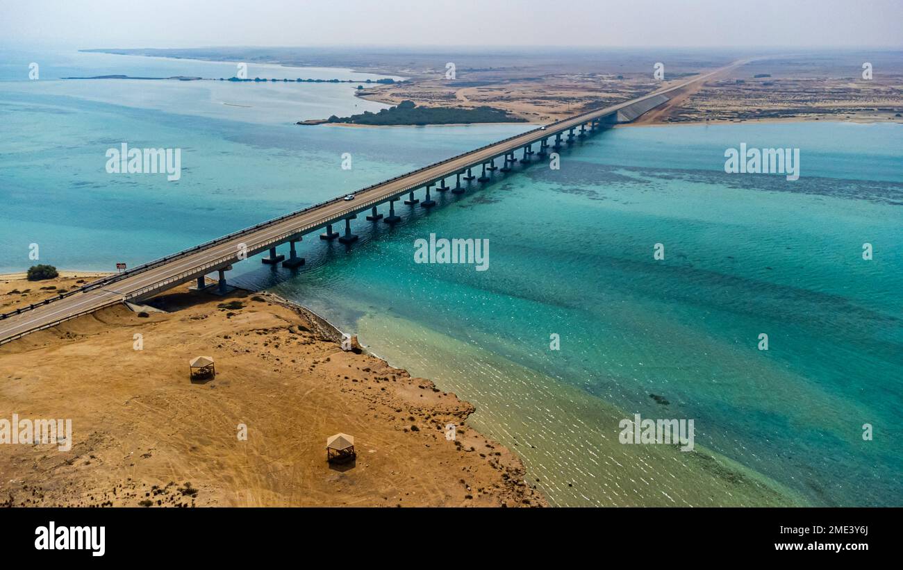 Saudi Arabia, Jazan Province, Aerial view of bridge linking two islands ...