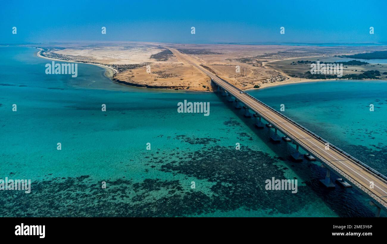 Saudi Arabia, Jazan Province, Aerial view of bridge linking two islands ...