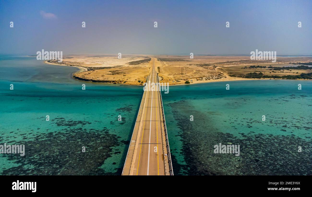 Saudi Arabia, Jazan Province, Aerial view of bridge linking two islands ...