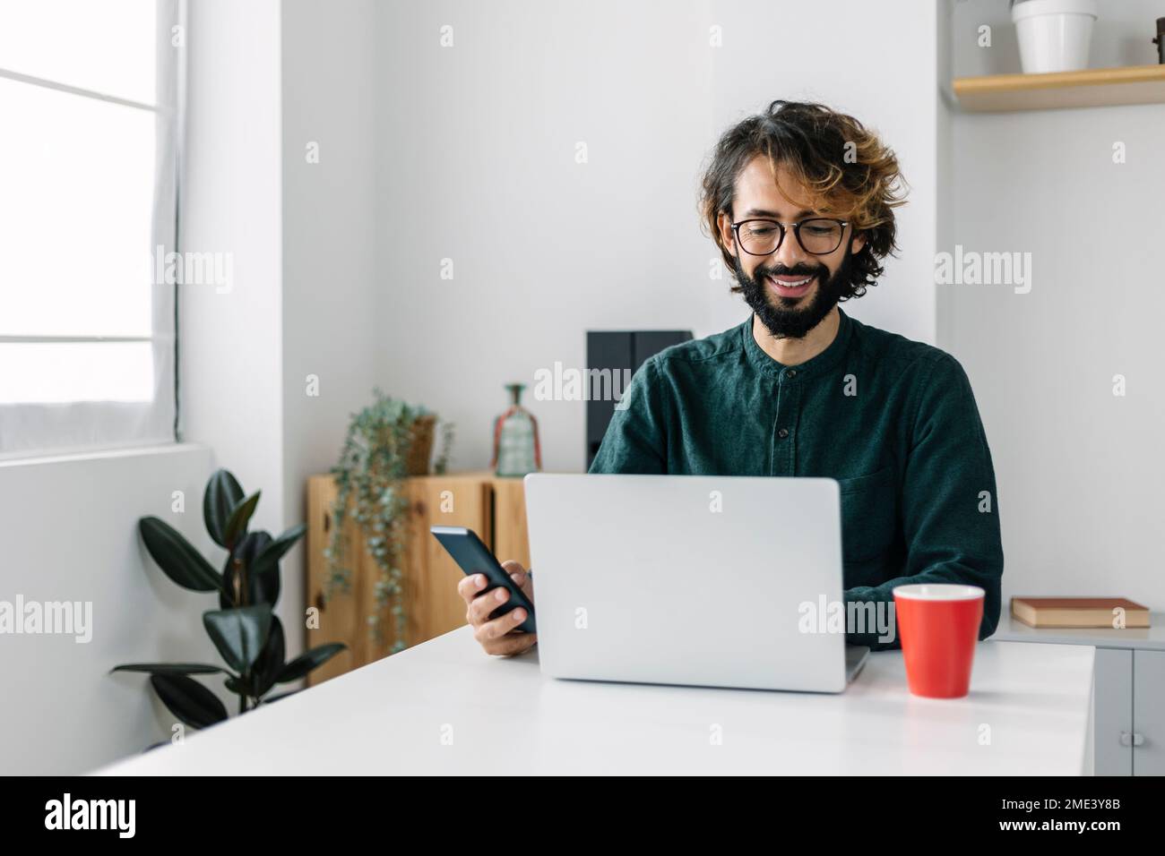 Happy mature businessman using laptop at desk Stock Photo - Alamy