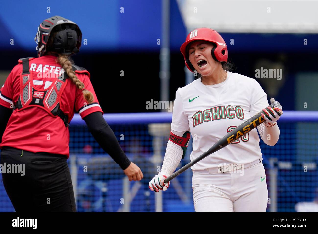 Mexico's Amanda Sanchez reacts after hitting a foul ball during a ...