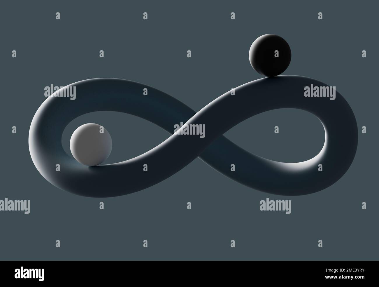 Three dimensional render of two spheres balancing on infinity symbol ...