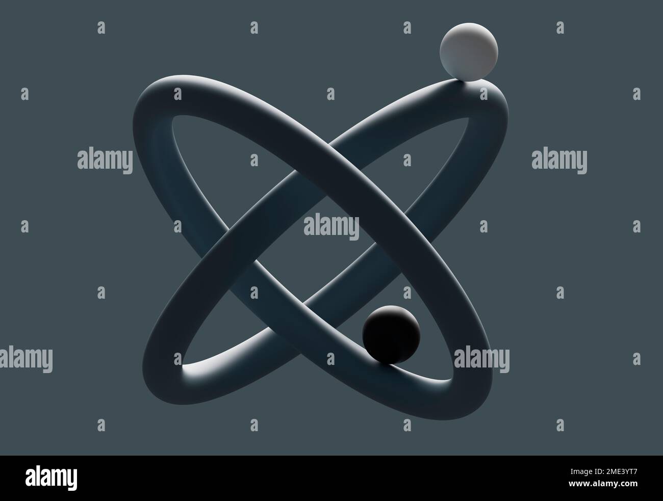 Three dimensional render of two spheres balancing on interlocked ...