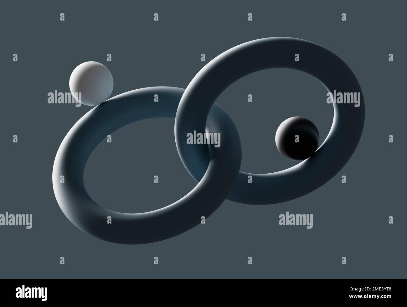Three dimensional render of two spheres balancing on interlocked ...