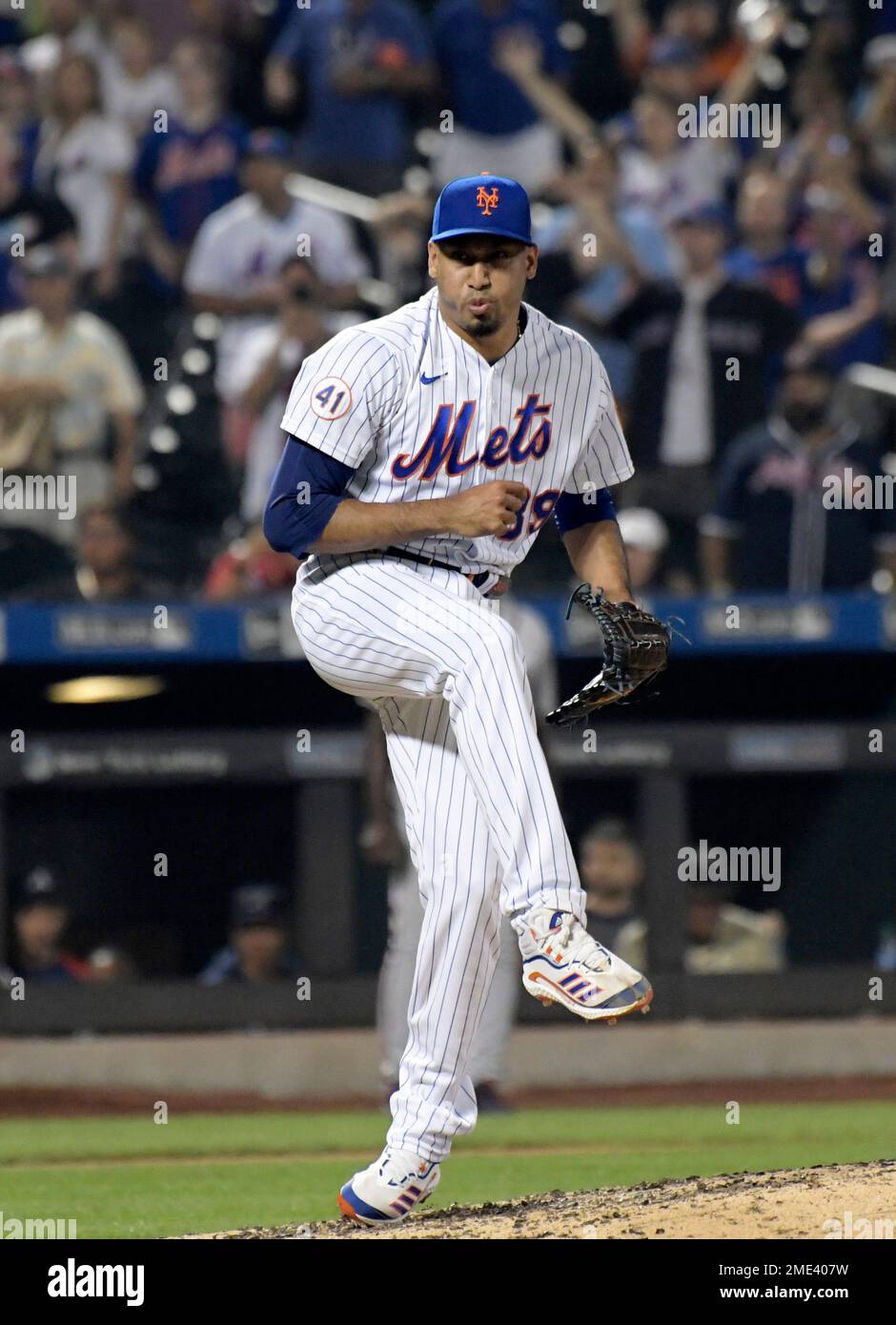 New York Mets pitcher Edwin Diaz reacts after striking out the side to ...