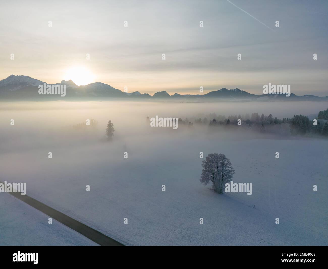 An aerial view of a forest landscape covered with snow and a mountain ...