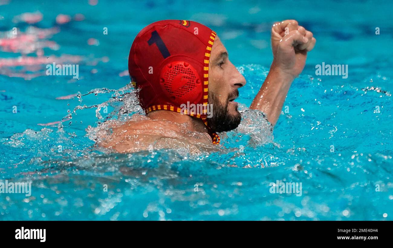 Spain's goalkeeper Daniel Lopez Pinedo celebrates after blocking a shot ...