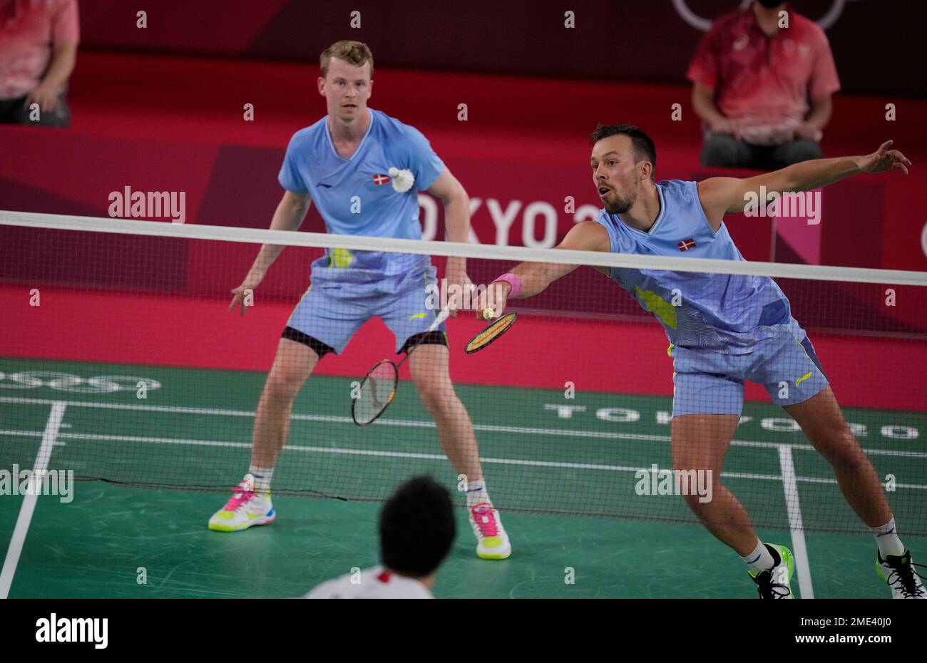 Denmark Kim Astrup and Anders Rasmussen play against Japan's Hiroyuki ...