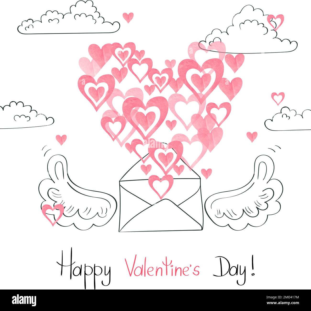 Valentines day card design. Flying envelope with watercolor hearts ...