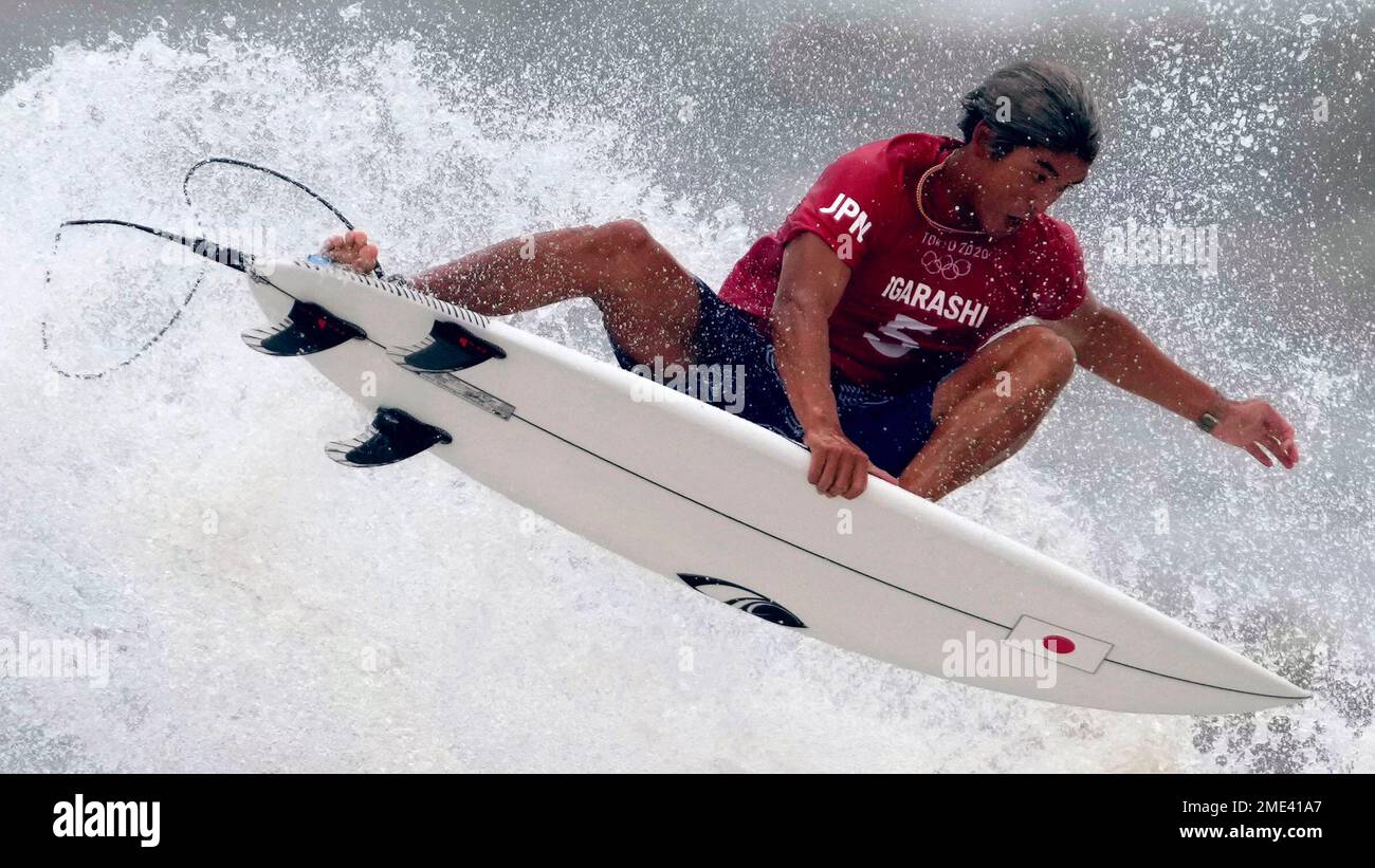 Japan's Kanoa Igarashi goes to the air on a wave during the semifinals ...