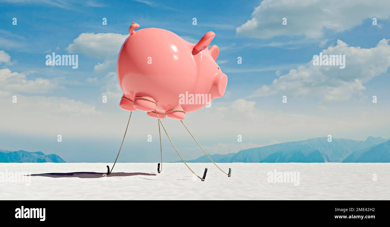 Three dimensional render of floating piggy bank tied down to ground in ...