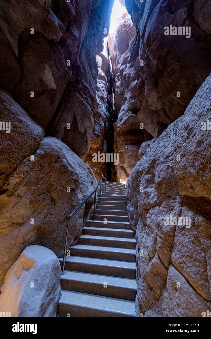 Saudi Arabia, Eastern Province, Al-Hofuf, Steps inside cave at Jabal Al ...
