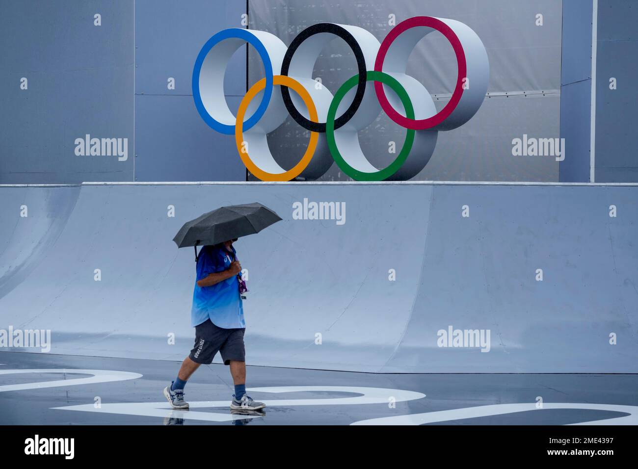 A venue official takes a look at the BMX Freestyle course after a ...
