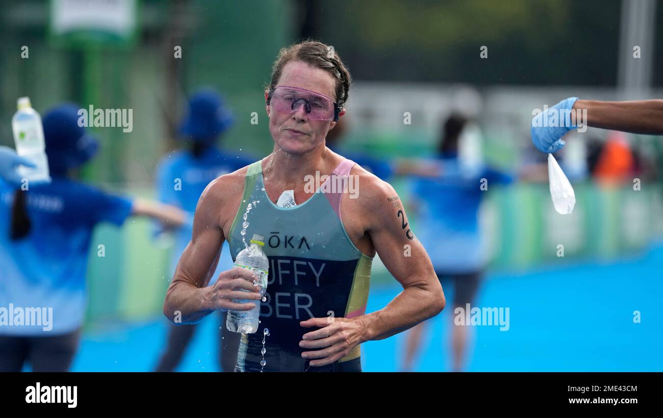 Flora Duffy of Bermuda leads during the run portion as she competes in ...
