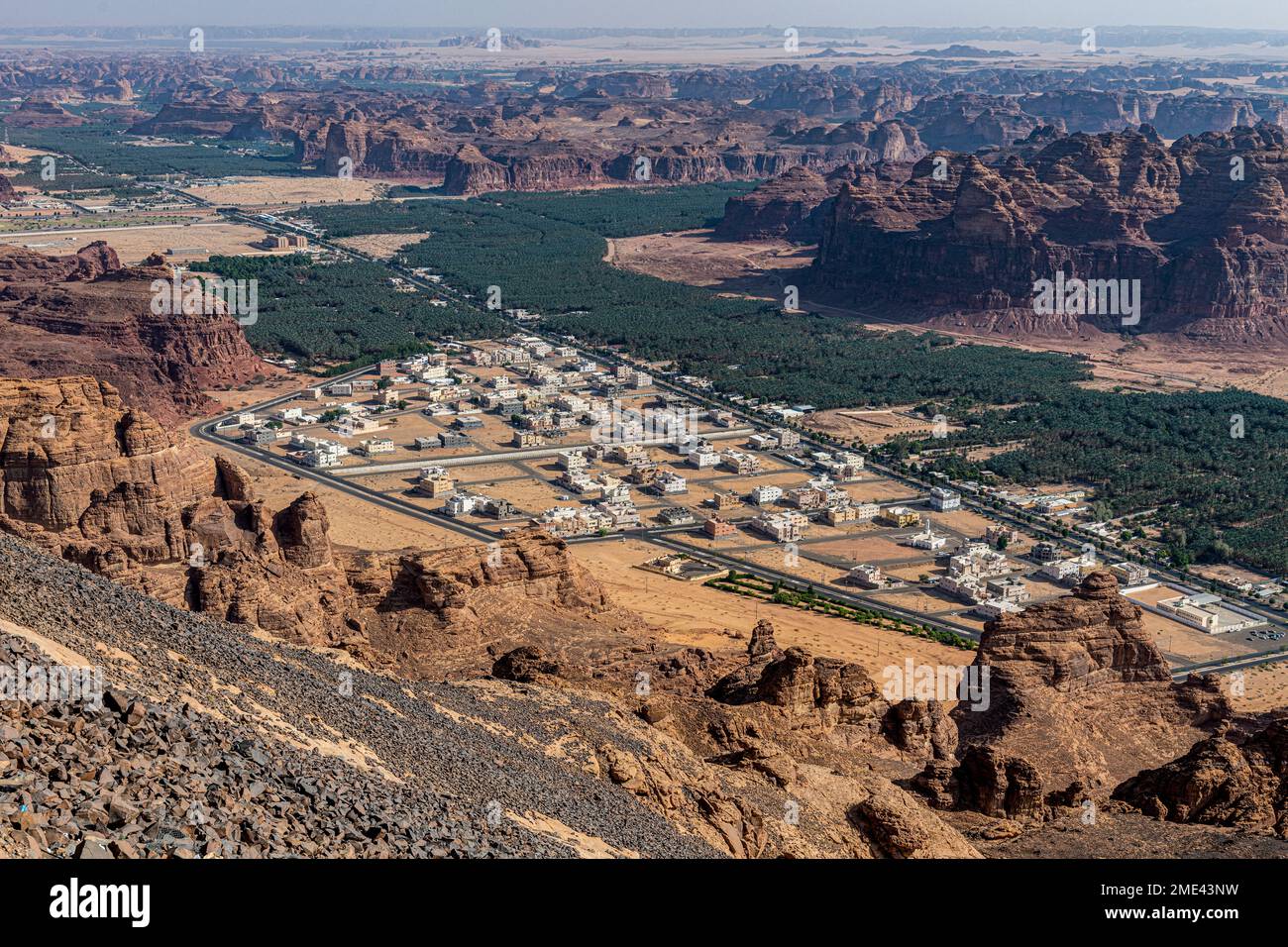 Saudi Arabia, Al-Ula, View of vast oasis stretching along desert valley ...