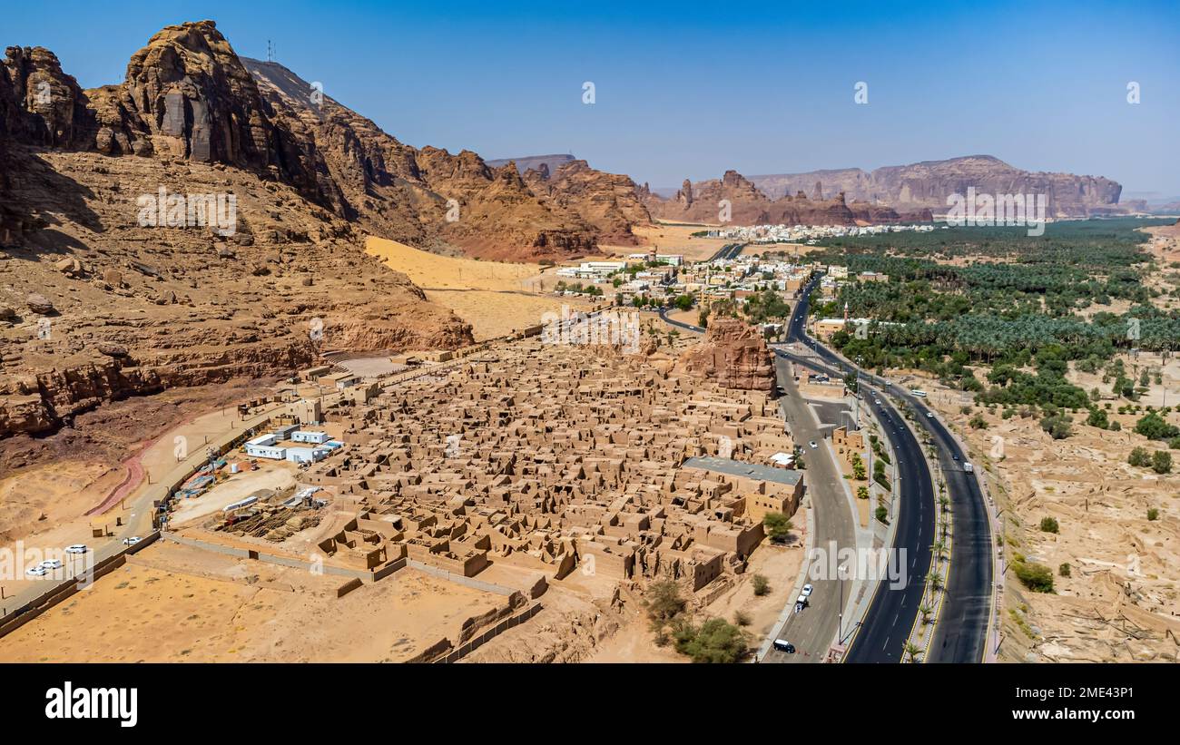 Saudi Arabia, Al-Ula, Aerial view of desert old town with oasis in ...