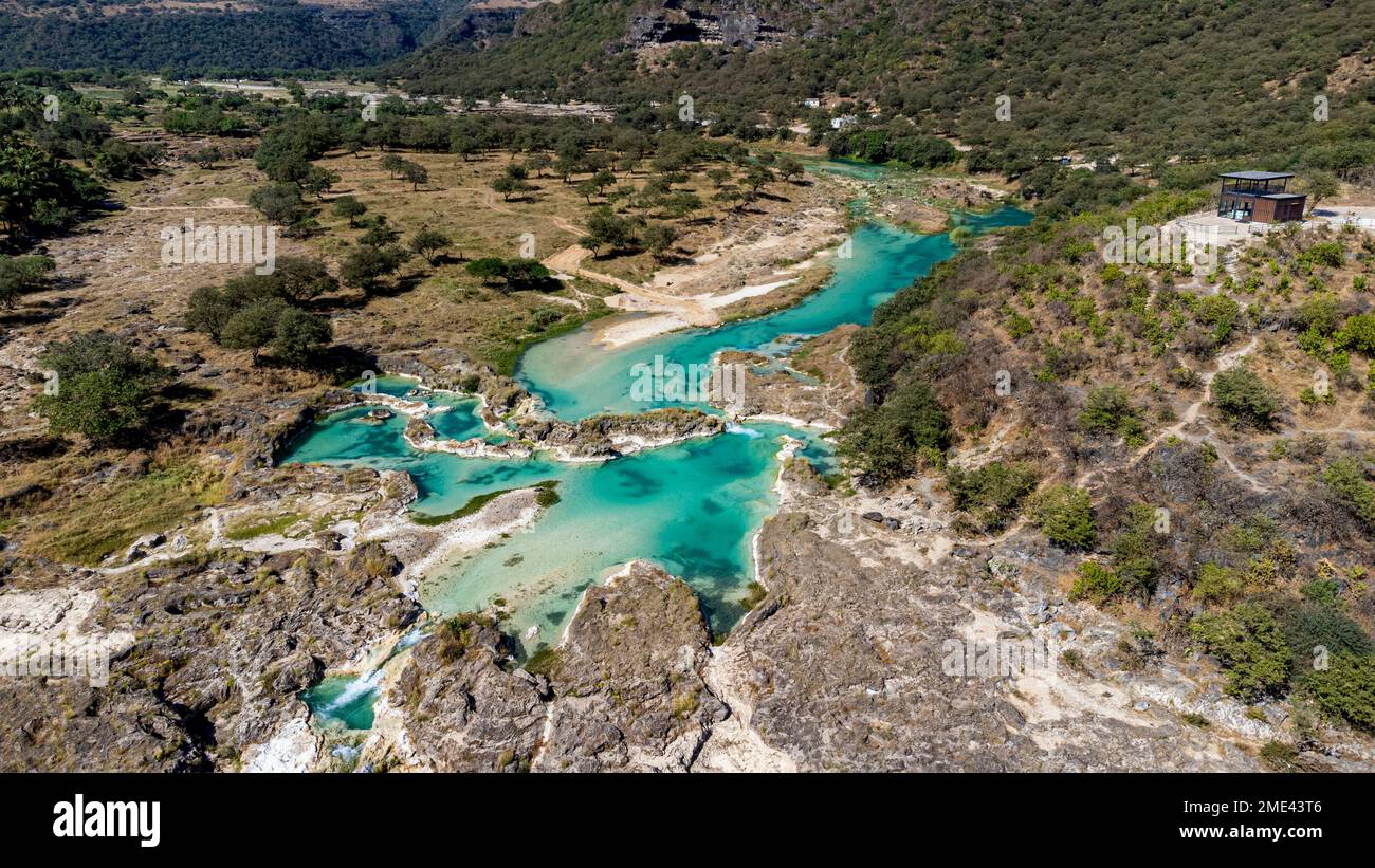 Oman, Dhofar, Salalah, Aerial view of Wadi Darbat river in sunshine ...