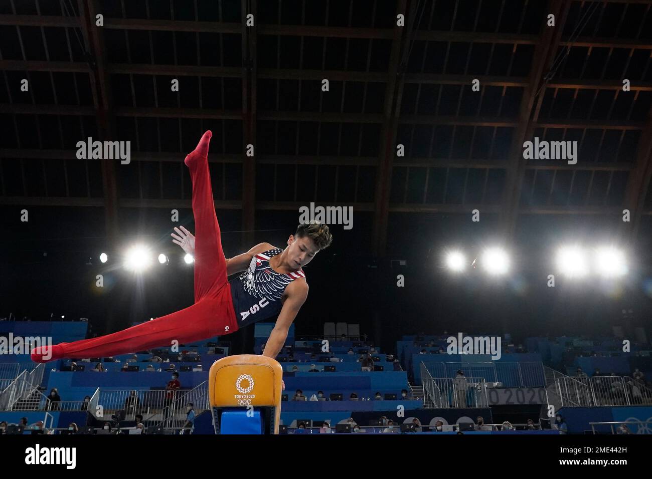 Yul Moldauer, of the United States, performs on the pommel horse during ...