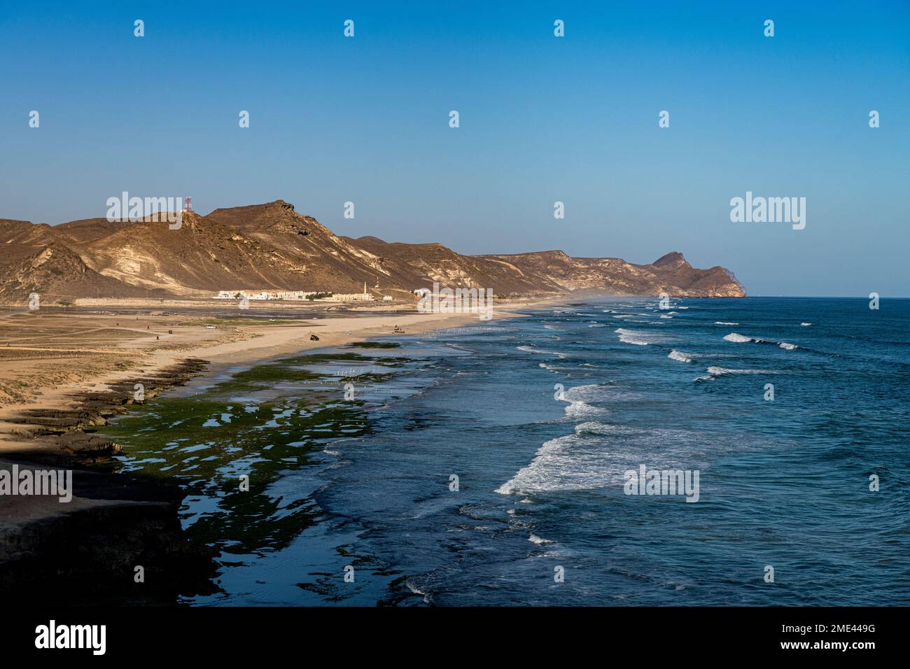 Oman, Dhofar, Salalah, View of Mughsail Beach and blue waters of ...