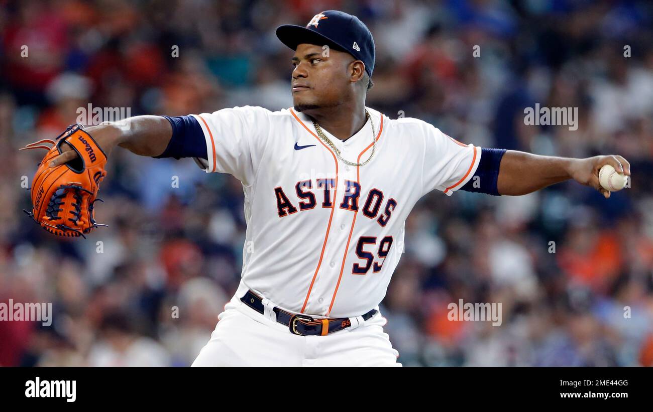 Houston Astros starting pitcher Framber Valdez (59) during a baseball game against the Texas ...