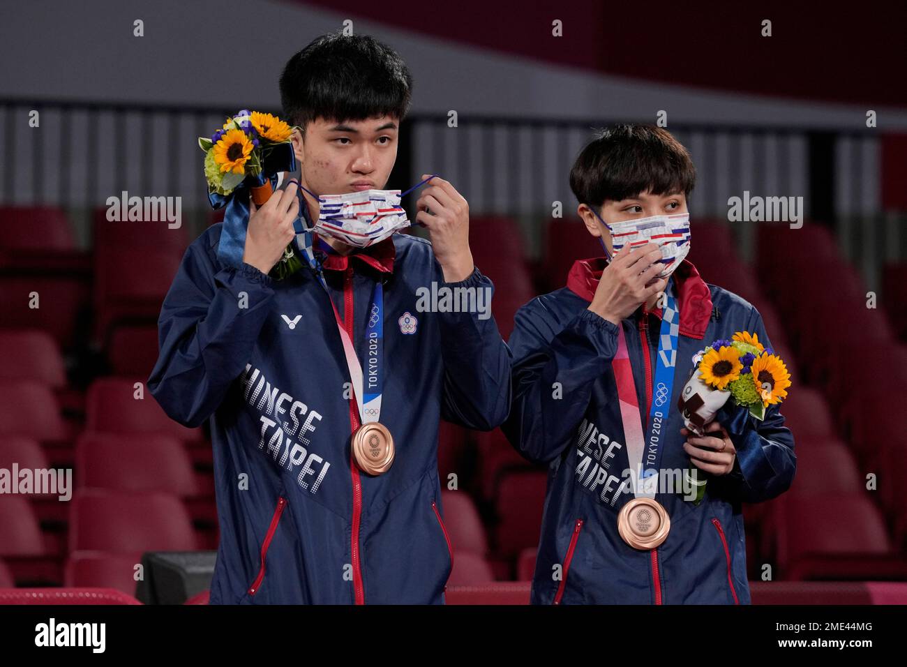 Bronze medalists Taiwan's Lin Yun-Ju, left, and Cheng I-ching attend ...