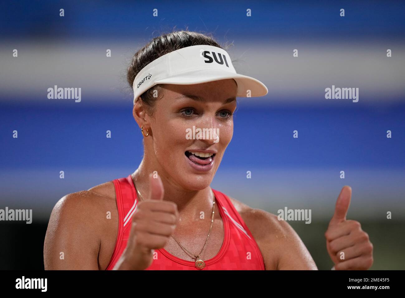 Anouk Verge-Depre, of Switzerland, gives a thumbs up after winning a ...