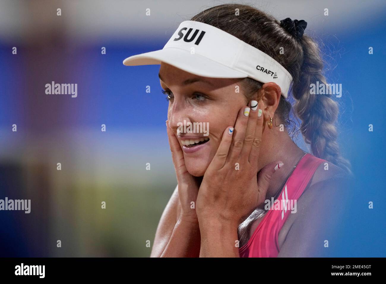 Anouk Verge-Depre, of Switzerland, reacts after winning a women's beach ...